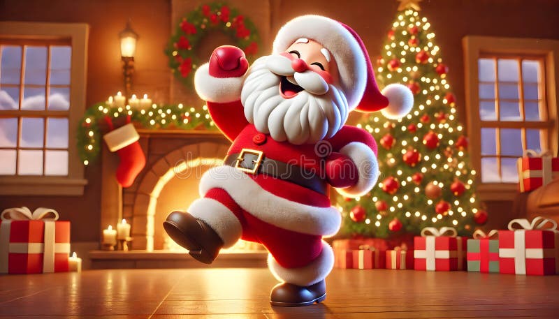 Dancing 3D Santa Claus in Festive Christmas Room Stock Illustration ...