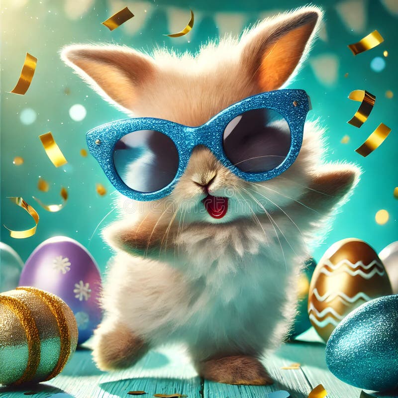 Dancing Easter Bunny with Glittery Sunglasses and Festive Eggs,a ...