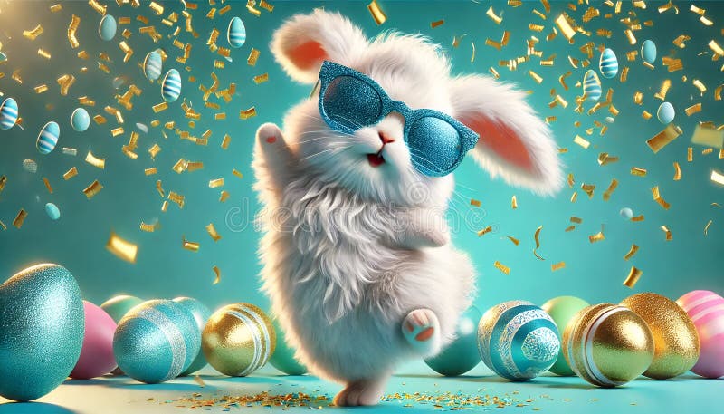 Dancing Easter Bunny with Glittery Sunglasses and Festive Eggs,a ...