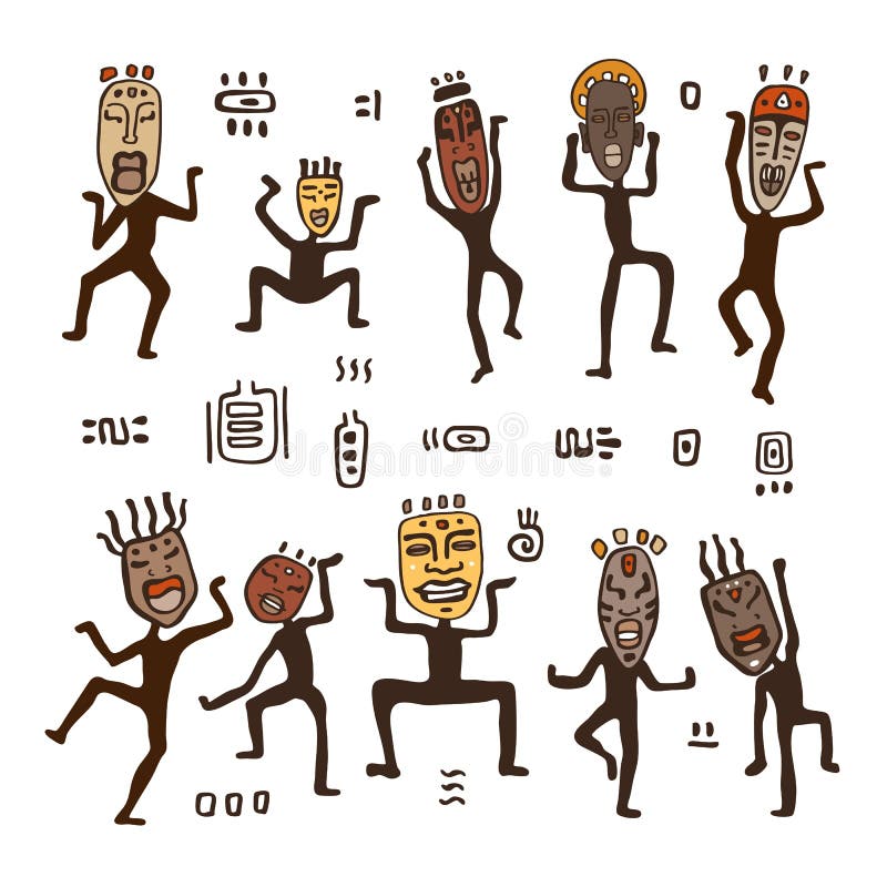 Dancing Figures Wearing African Masks. Stock Illustration ...