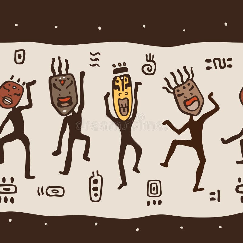 Dancing Figures Wearing African Masks. Stock Illustration ...