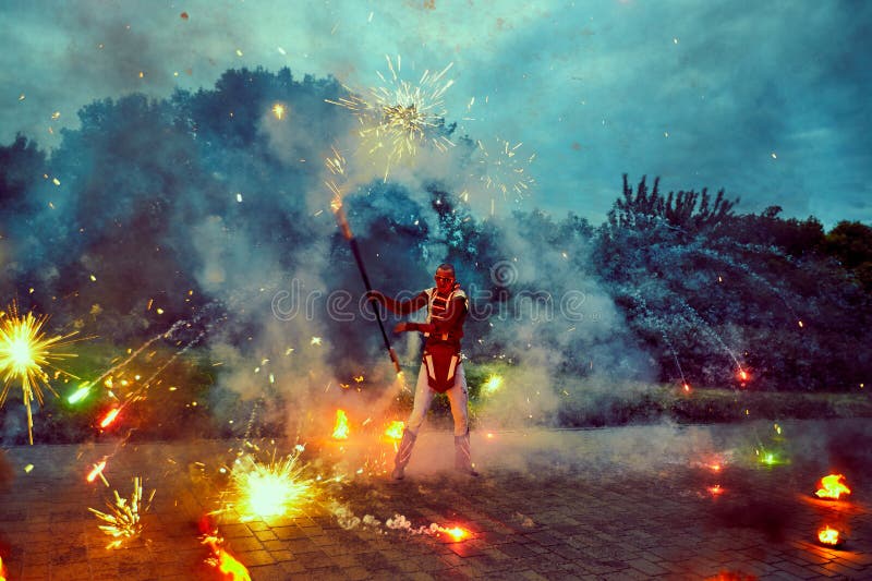 Dancing with Fire in the Dark on the Street. Stock Photo - Image of ...