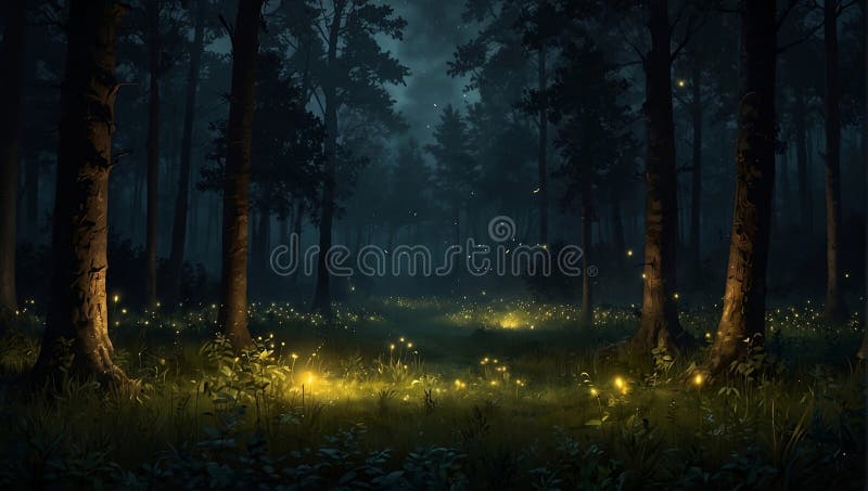 Dancing Fireflies in Mysterious Forest Stock Illustration ...
