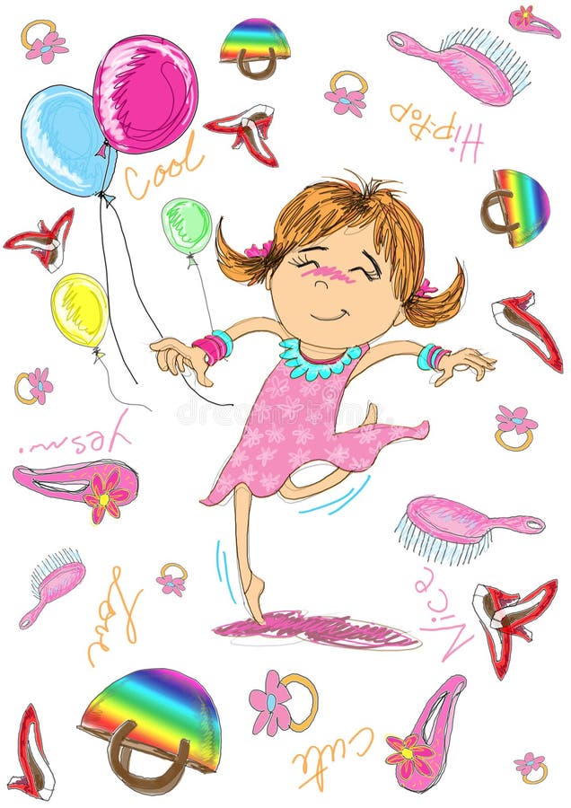 Dancing Girl Cartoon with Accessories Pattern Design Stock Illustration ...