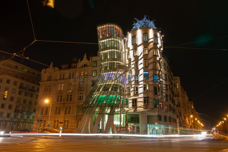 Dancing House in Night with Traffic Lights Editorial Image - Image of ...