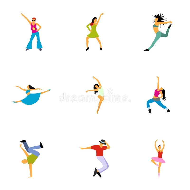Dancing Icons Set, Flat Style Stock Vector - Illustration of disco ...