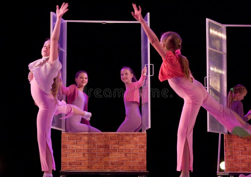 Dancing kids, City Windows editorial stock image. Image of frienship ...