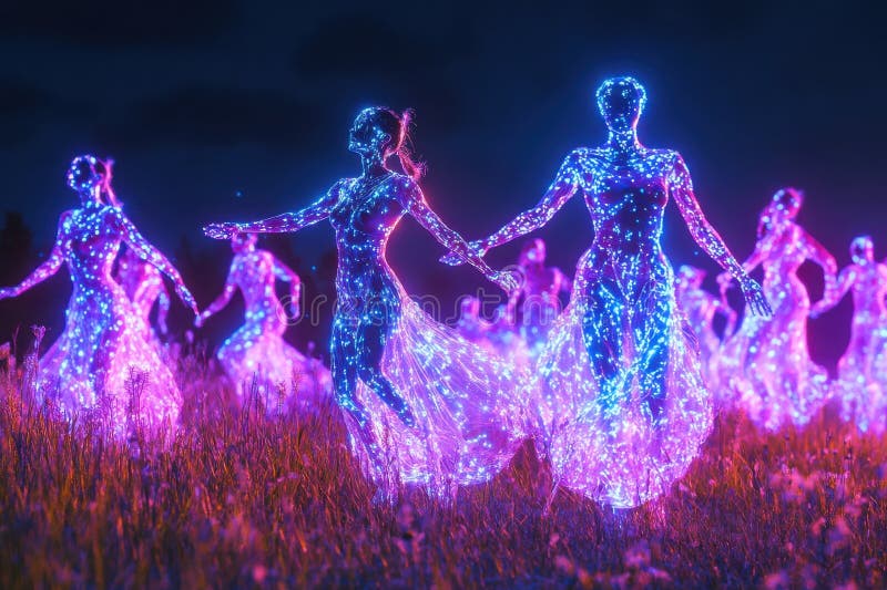 Dancing Light Figures Enchanted Forest Digital Art Night Scene Ethereal ...
