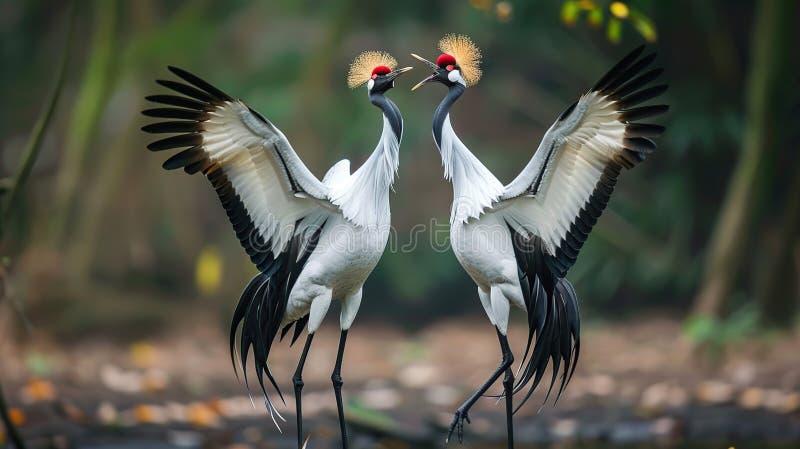 Dancing Pair of Red Crowned Crane with Open Wings. Generative Ai Stock ...