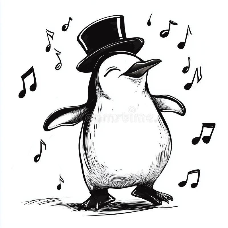 Dancing Penguin with Top Hat and Musical Notes Around Stock ...
