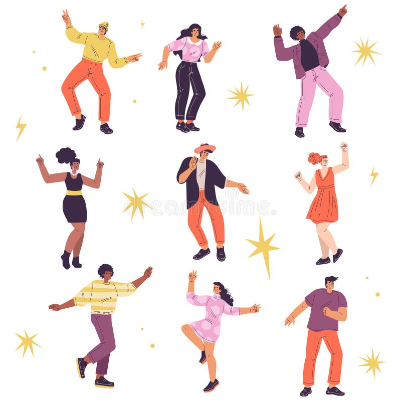 Dancing People Character in Rhythmic Movement Pose Vector Set Stock ...