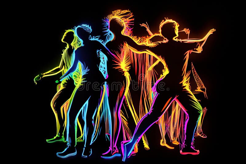 Dancing People Silhouettes. Colorful Neon Lights Stock Illustration ...