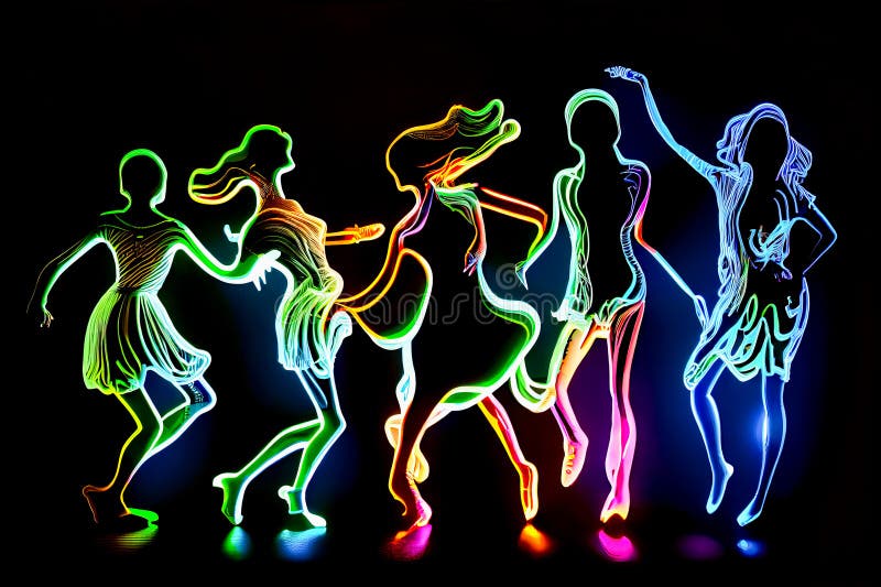 Dancing People Silhouettes. Colorful Neon Lights Stock Illustration ...