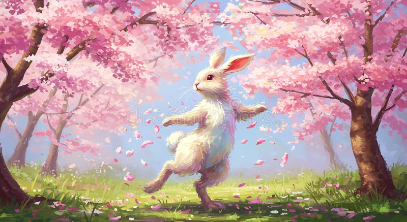 Dancing Rabbit Under Cherry Blossoms Joyful Spring Scene Illustration ...