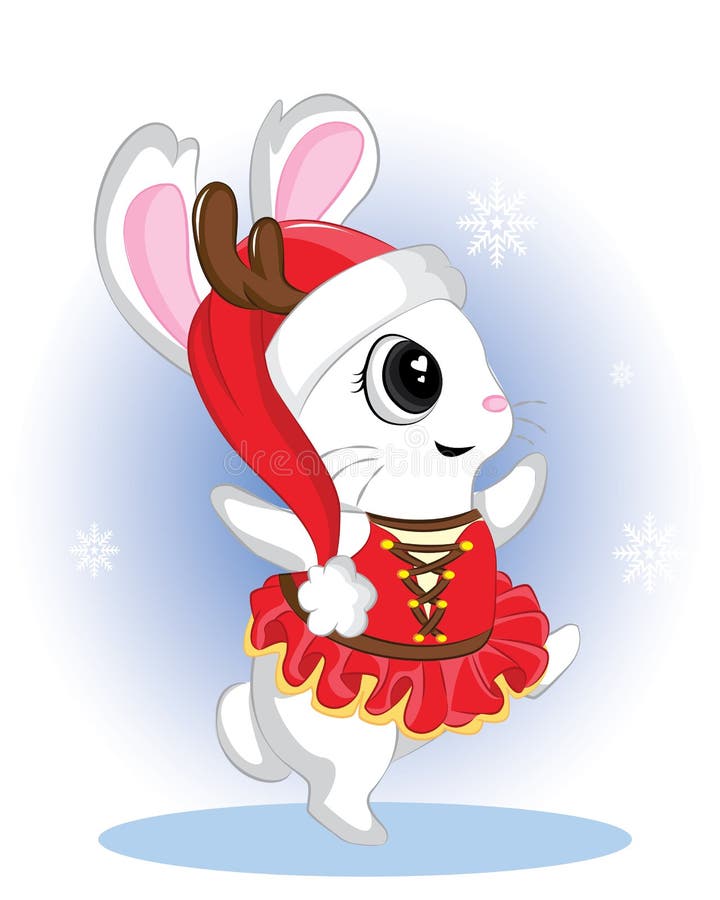 Dancing Rabbits in Winter with Santa Cloth. Little Bunny with Snow and ...