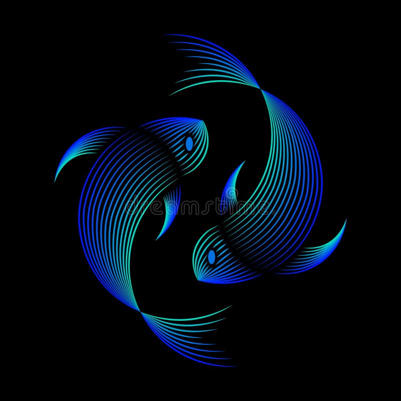 Dancing in Shadows - Dual Blue Fish in Black Background Linocut Vector ...
