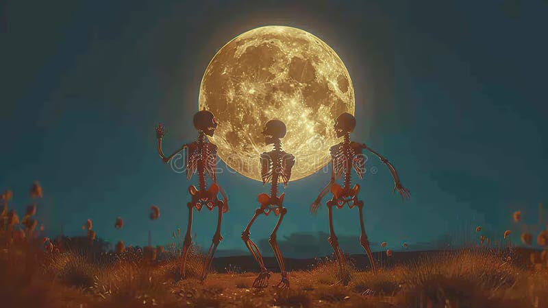 Dancing Skeletons Under Full Moon Stock Illustration - Illustration of ...