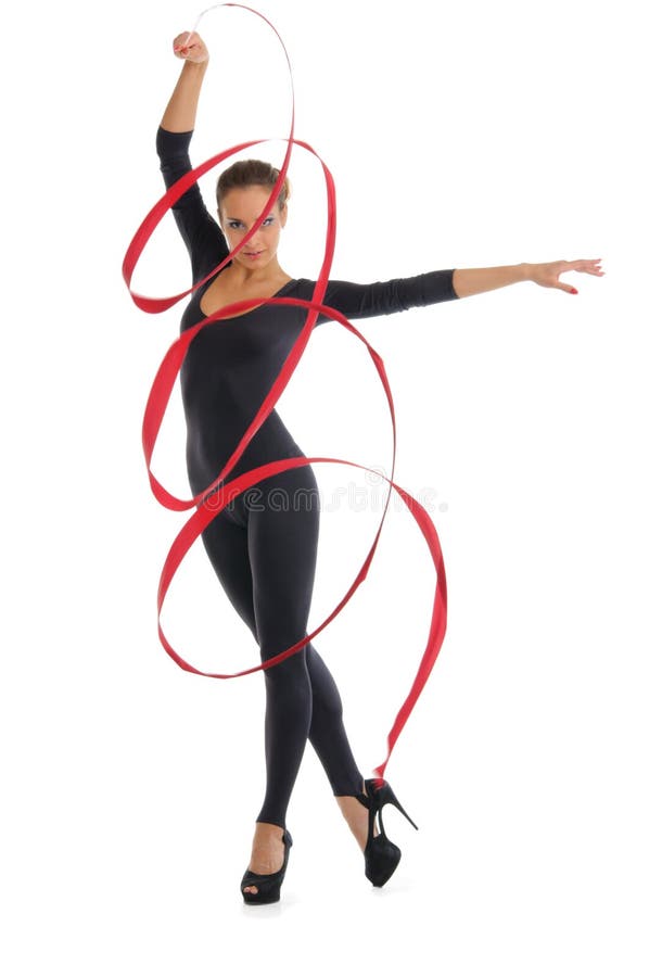 Dancing Woman with Red Ribbon Stock Image - Image of beautiful, black ...