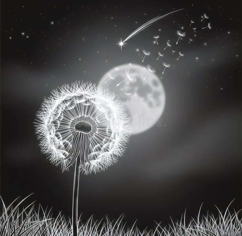 Dandelion Blowing in the Wind Under Full Moon and Shooting Star Stock Illustration ...