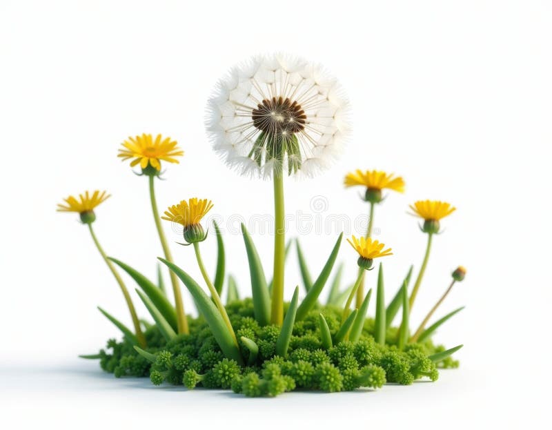 Dandelion Clock and Yellow Flowers in Spring Meadow Stock Illustration ...