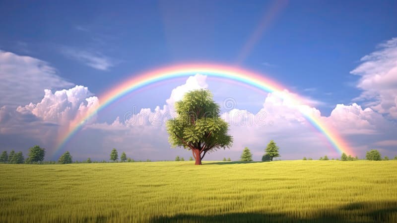 Dandelion Field and Dead Tree Under Cloudy Sky with Rainbow Stock ...