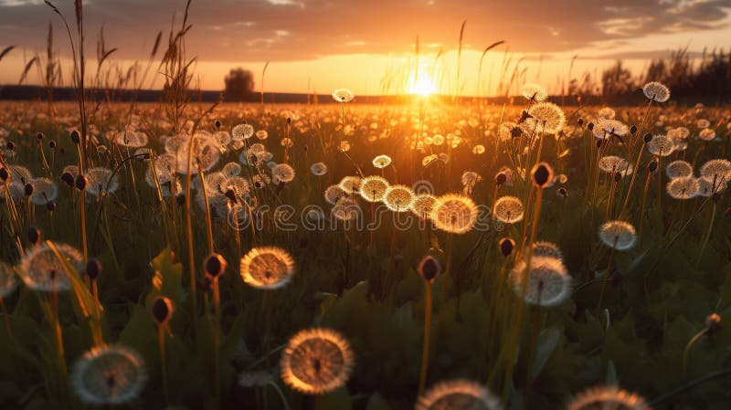 Dandelion Field with Flying Seeds at Sunset, Generative Ai Stock ...