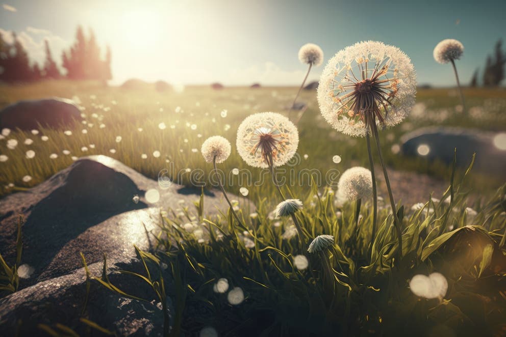 Dandelion Field in Spring with the Sun Shining Stock Image - Image of ...