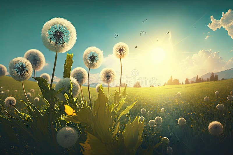 Dandelion Field in Spring with the Sun Shining Stock Photo - Image of ...
