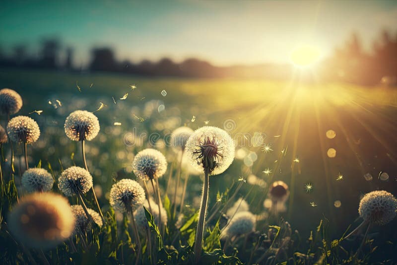 Dandelion Field in Spring with the Sun Shining Stock Image - Image of ...