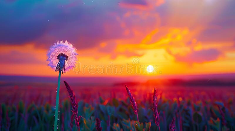 A Dandelion in a Field at Sunset Stock Photo - Image of flower, wind ...