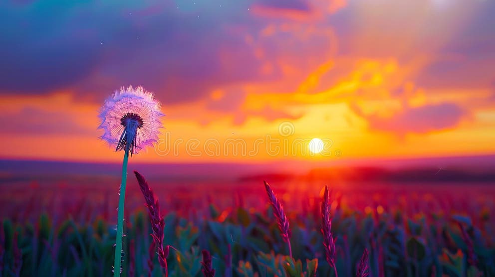 A Dandelion in a Field at Sunset Stock Photo - Image of flower, wind ...