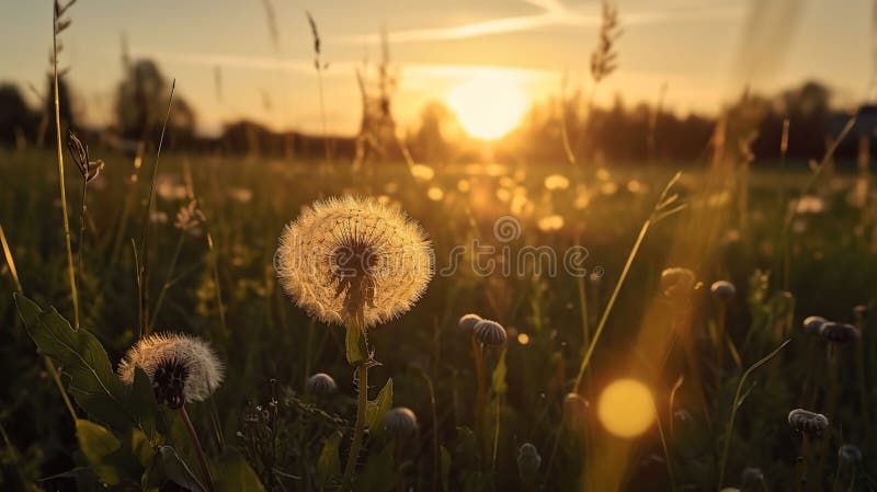 Dandelion in Field at Sunset - Freedom To Wish, Generative Ai Stock ...