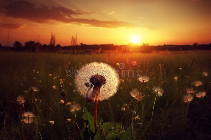 Dandelion Field Sunset. Generate Ai Stock Illustration - Illustration ...