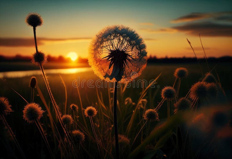 Dandelion in Field at Sunset.illustration. AI Generative Stock ...