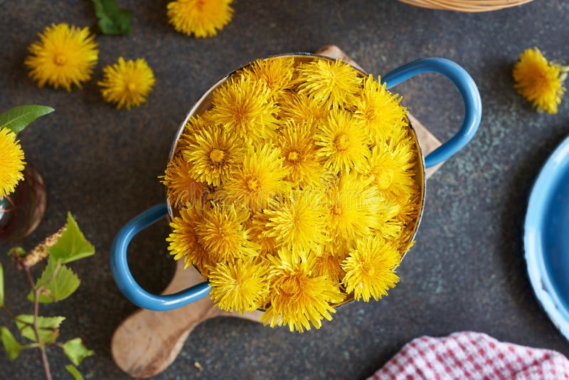 Dandelion Flowers in a Blue Pot, Top View Stock Photo - Image of spring ...