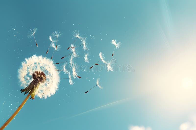 Dandelion with Seeds Blowing Away Under Blue Sky Stock Photo - Image of ...