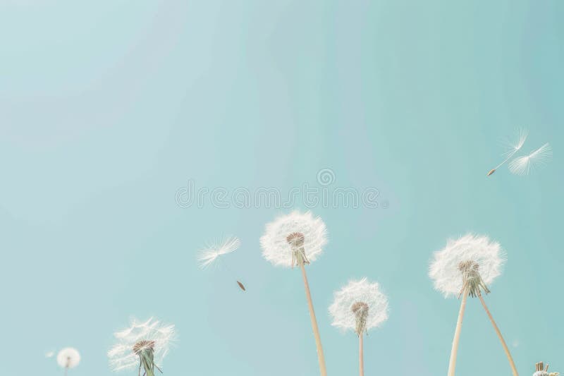 Dandelion Seeds Blowing in the Wind on Blue Sky Background Soft Pastel ...