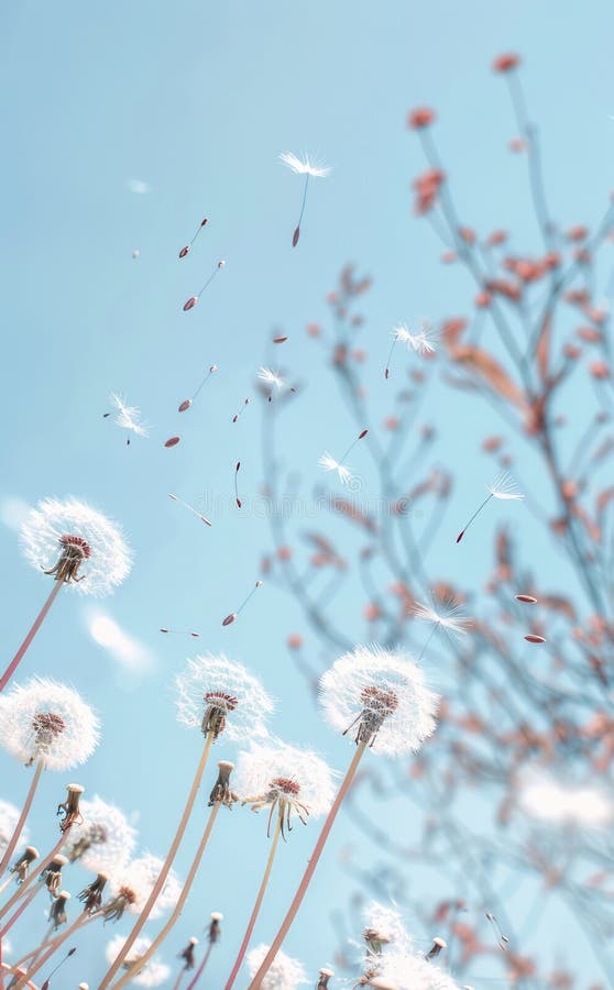 Dandelion Seeds Blowing in the Wind on Blue Sky Background Soft Pastel ...