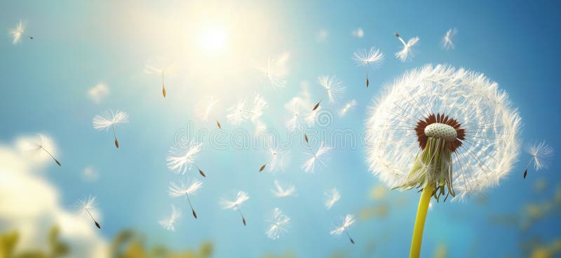 Dandelion Seeds Blowing in the Wind Under Bright Blue Sky and Sunlight ...