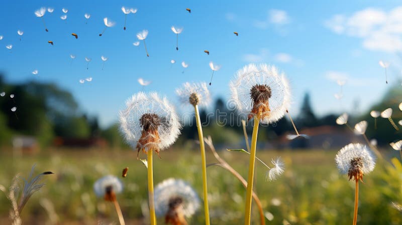 A Dandelion with Seeds Flying in the Air. Generative AI. Stock ...