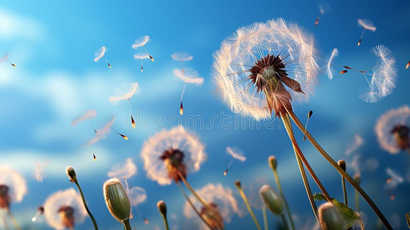 Dandelion Seeds in Wind Flying into Sky Stock Illustration ...