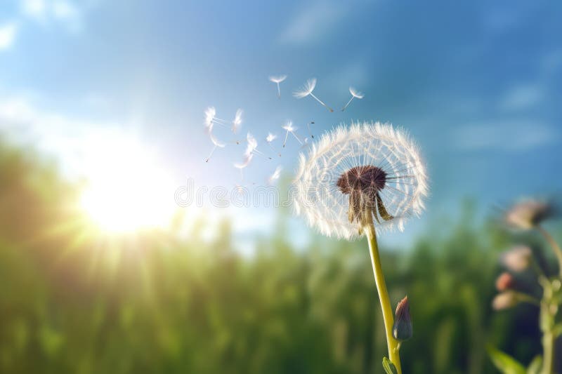 Dandelion in the Wind on Blue Sky Stock Illustration - Illustration of ...