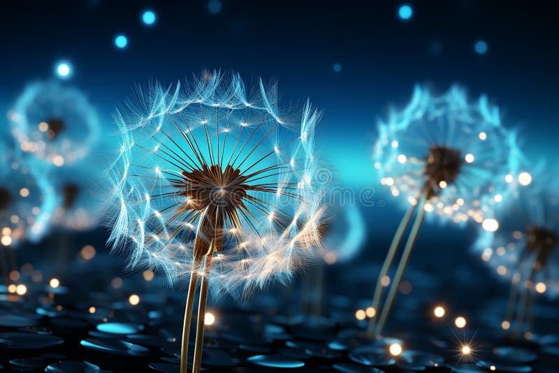 Dandelions in Neon Blue Light Stock Illustration - Illustration of ...