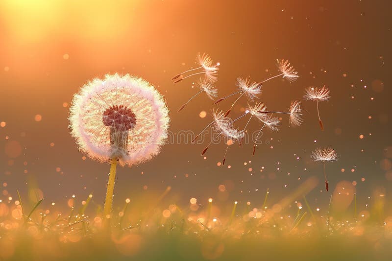 Dandelions Seeds Dispersing in the Wind at Sunset. Generative AI Stock ...