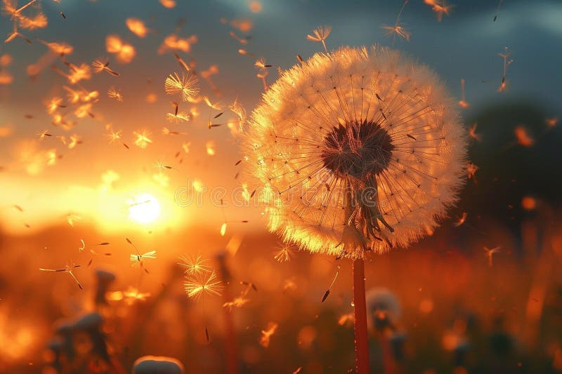 Dandelions Seeds Dispersing in the Wind at Sunset. Generative AI Stock ...