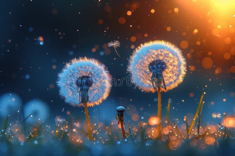 Dandelions Seeds Dispersing in the Wind at Sunset. Generative AI Stock ...