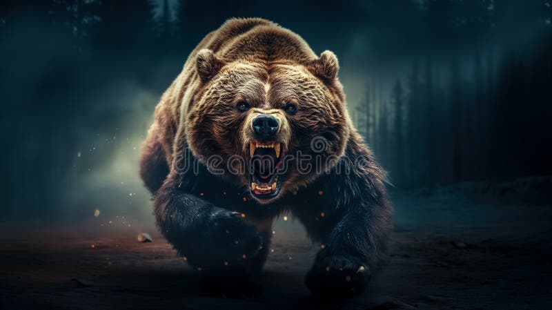 Danger Big Brown Angry Running Bear in the Forest Stock Illustration ...