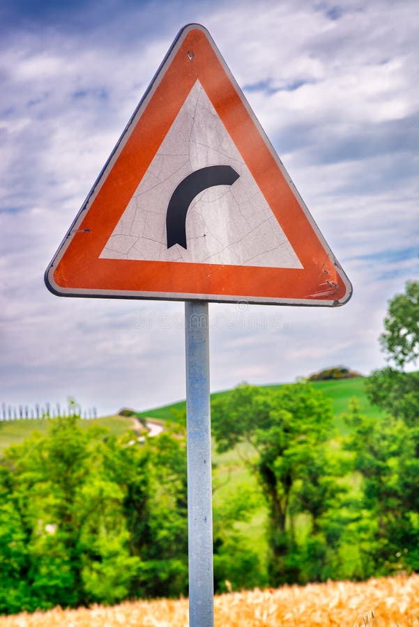 Danger of Curved Track Sign in the Countryside Landscape Stock Photo ...