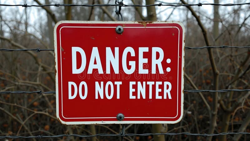 Danger Do Not Enter Sign on Wire Fence with Bushes in Background Stock ...