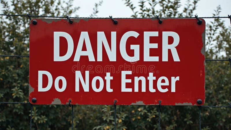 Danger Do Not Enter Sign on Wire Fence with Bushes in Background Stock ...